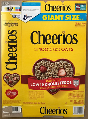 EMPTY General Mills Cheerios Giant Size Cereal Box Lower Cholesterol ...