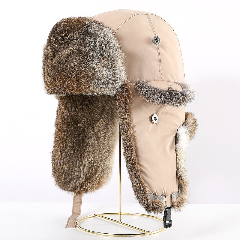 Men Winter Genuine Rabbit Fur Trapper Hats Russian Ushanka Warm Earflap ...