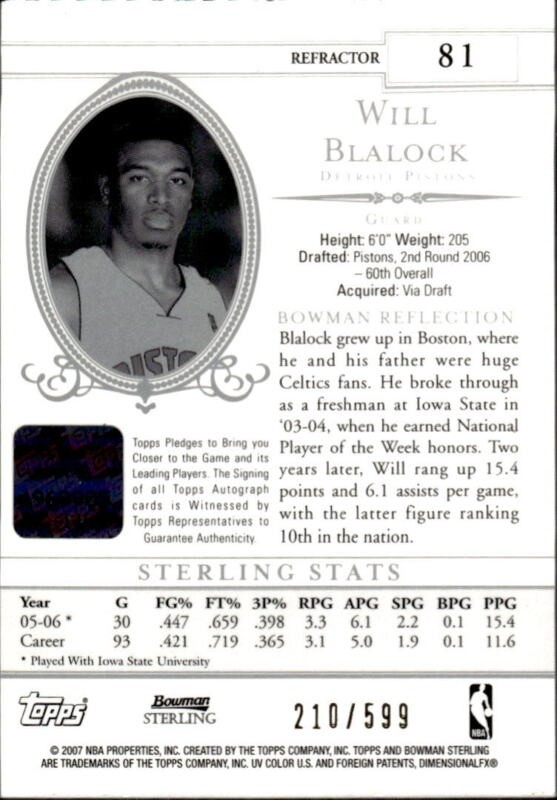 2006 BOWMAN STERLING WILL BLALOCK 81 AUTOGRAPH GOLD REFRACTOR 210/599 ...