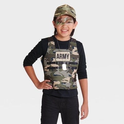 Kid's Army Solider Halloween Costume Kit Vest Hat Dog Tag Child One ...