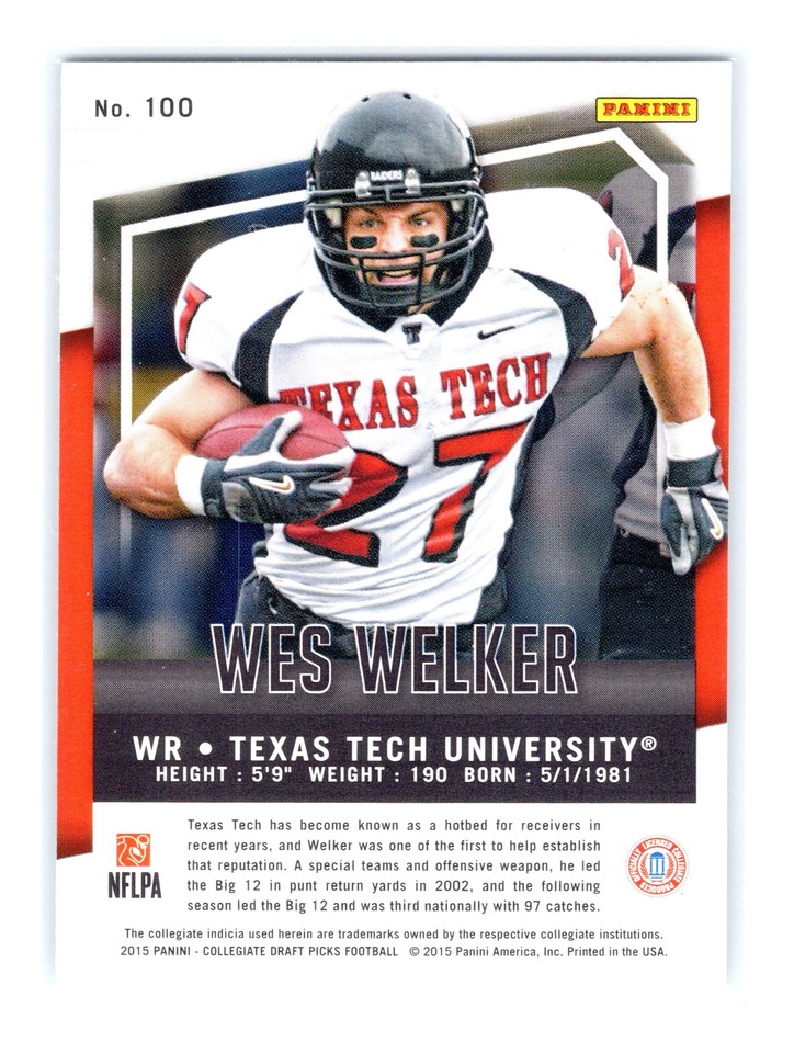 2015 Prizm Collegiate Draft Picks Football #100 Wes Welker Texas Tech ...