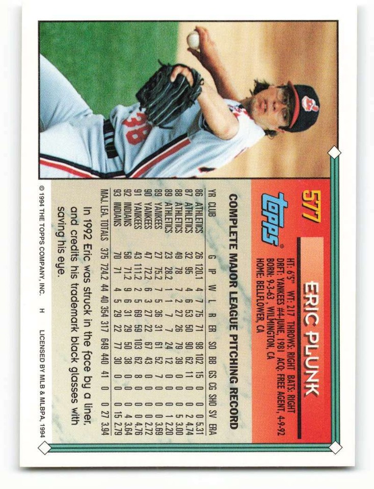 1994 Topps #577 Eric Plunk NM-MT Indians ID:178739 | eBay
