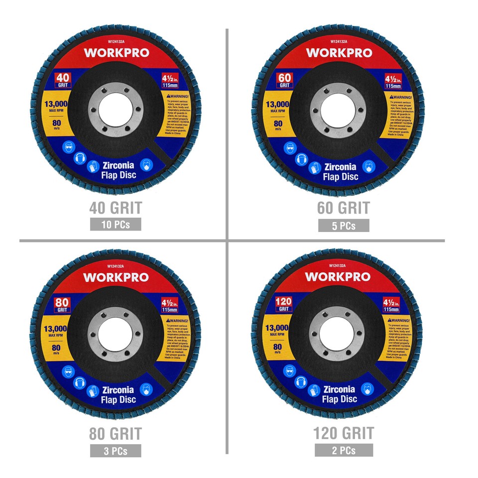 WORKPRO 20PCS 4.5-in Flap Disc Arbor Size 7/8" T29 Zirconia Abrasive ...