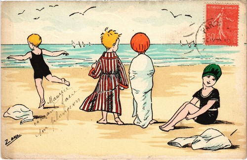 PC ARTIST SIGNED, ZANE, BEACH BATHING SCENE, Vintage Postcard (b46411 ...