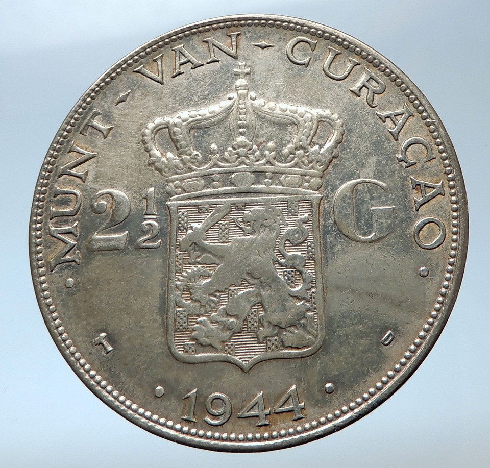 1944 Netherlands Kingdom Queen JULIANA Antique Silver 2 1/2 Gulden Coin ...