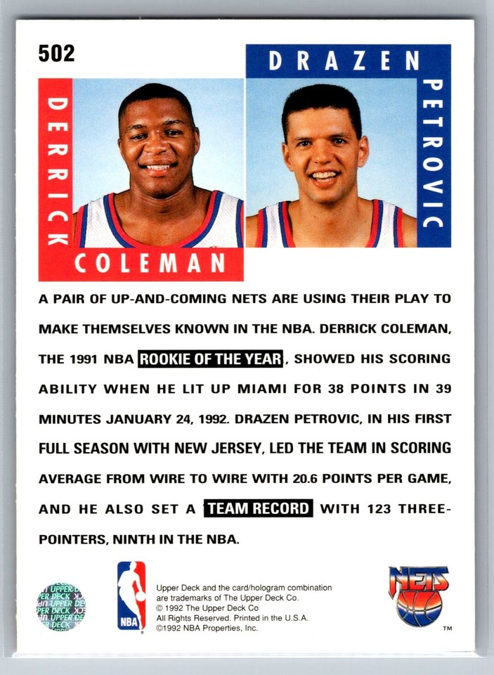1992-93 Upper Deck Derrick Coleman Drazen Petrovic Scoring Threats ...