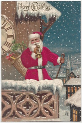 1908 Christmas SANTA CLAUS Postcard - Silk Suited Santa Playing Trumpet ...