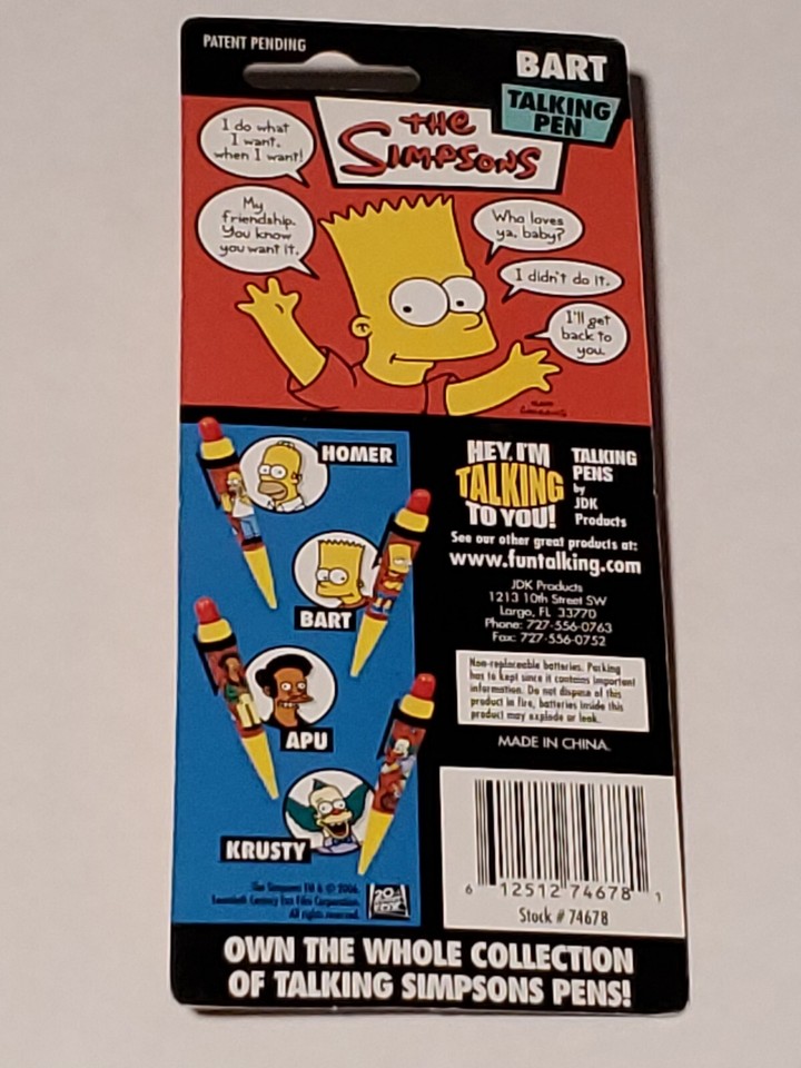 The Simpsons Bart Simpson 2006 Collectible Talking Pen Brand New Sealed ...