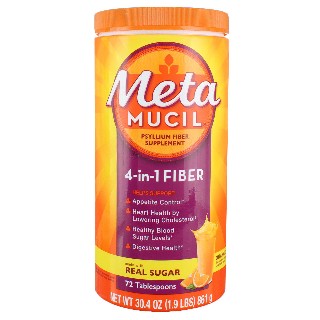 Metamucil 4-in-1 MultiHealth Real Sugar Fiber Supplement Powder, Orange ...