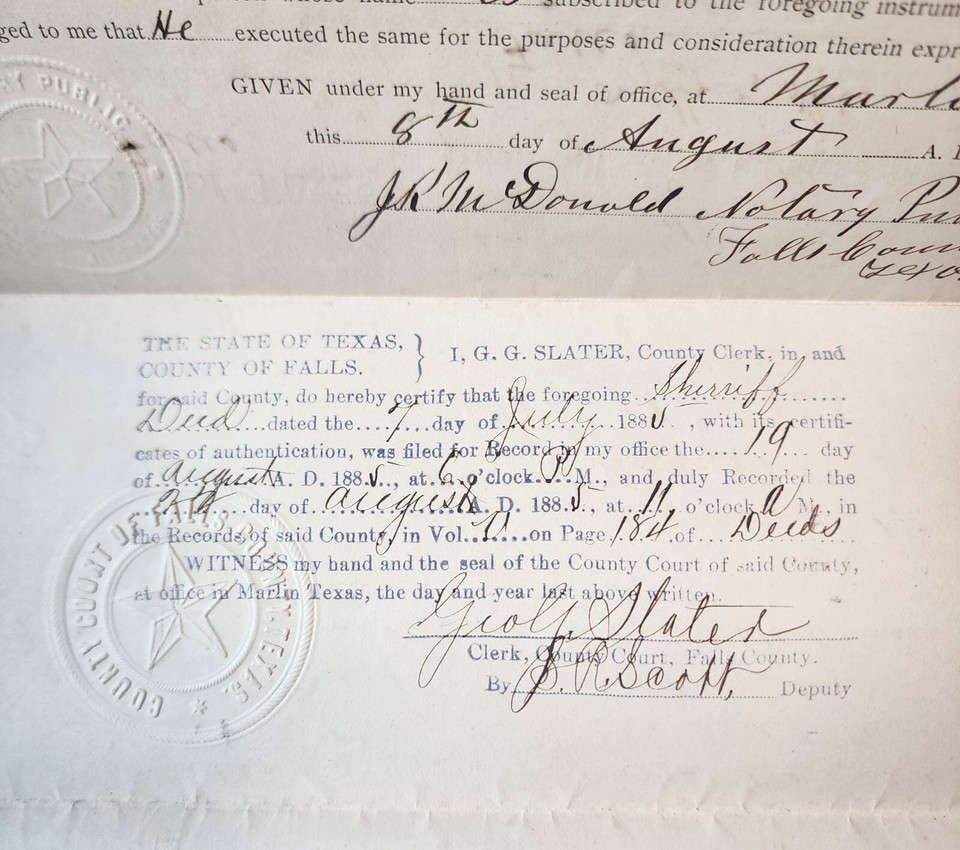 1885 Handwritten Deed Sheriff Cyrus Whitaker Falls County Texas to B.A ...