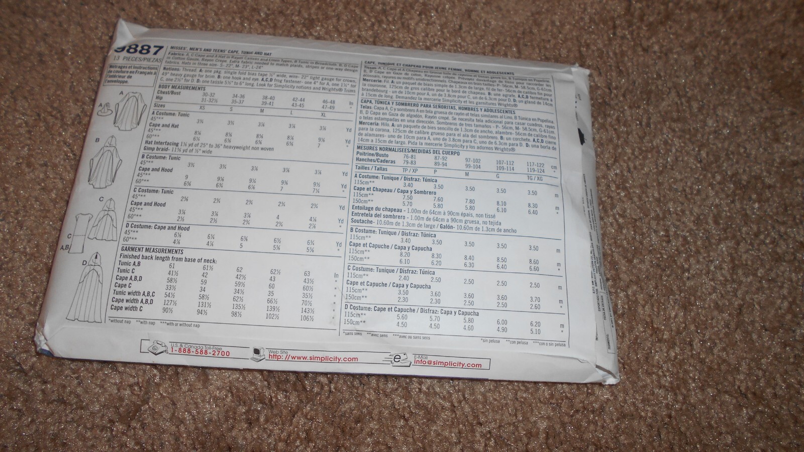 OOP 2001 Cape Tunic Hat Costume Simplicity 9887 Pattern Unisex XS S M L ...