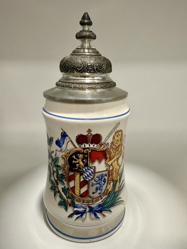 Huber Beer Beir Stein Pewter Lidded German Porcelain Coat of Arms ...