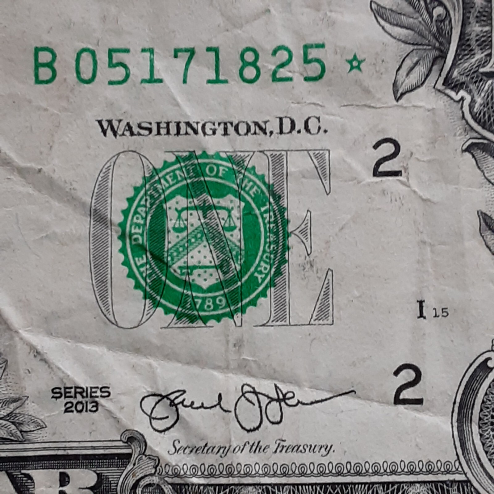 DC Duplicate Serial Number STAR Note B 05171825 ☆ One Dollar $1 Bill ...