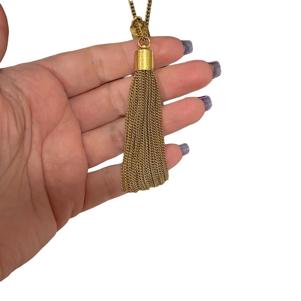 J. Crew Long Necklace Double Tassel Gold Tone Gray Faux Suede Gold Tone ...