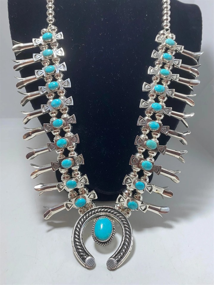 Sterling Navajo Large Box Bow Ribbon Turquoise Squash Blossom Necklace ...