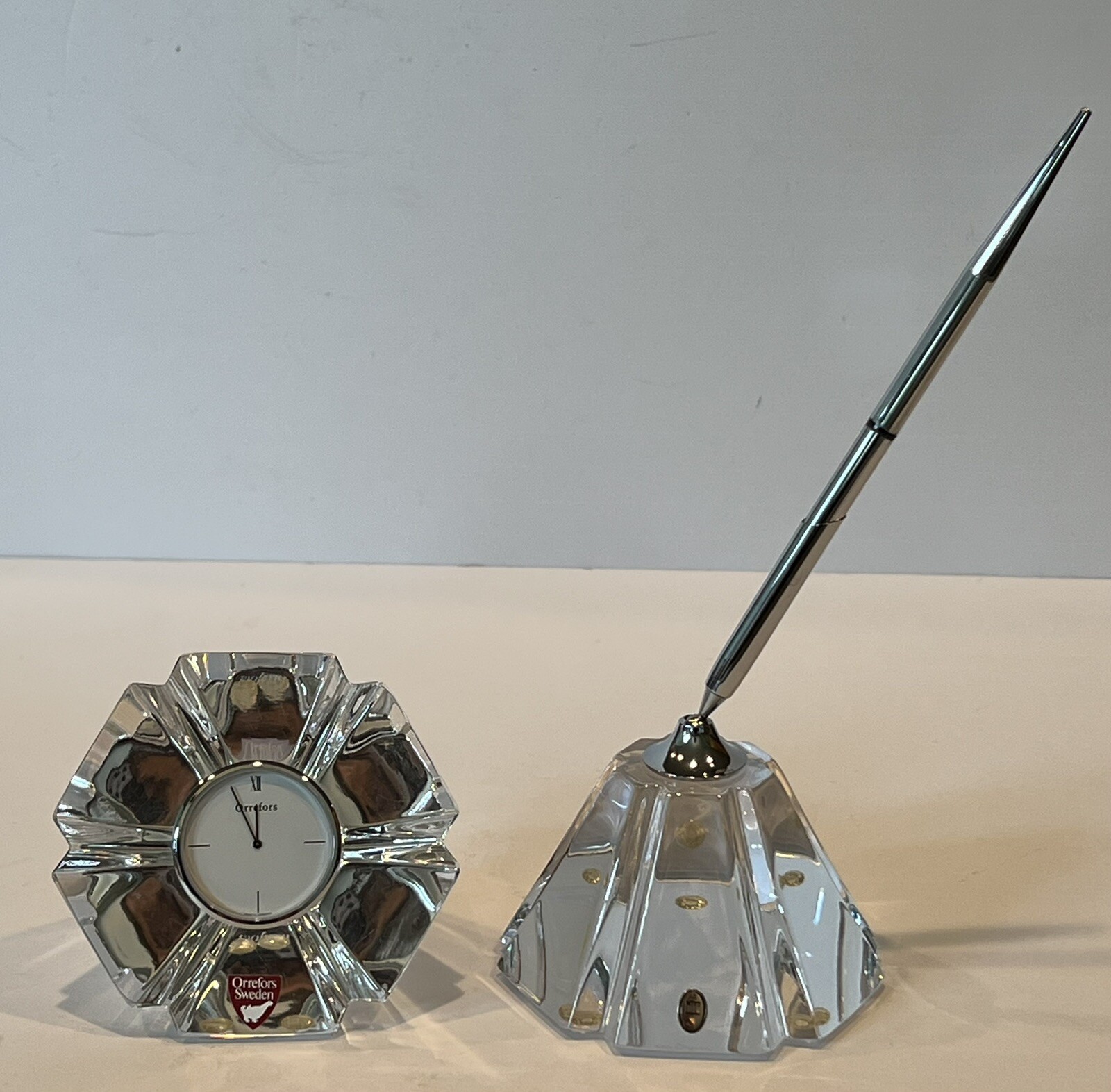 Vtg Lot Of 2 Orrefors Sweden Elegant Crystal Desk Vanity Clock Pen ...