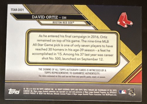 David ORTIZ🔥2016 Topps Triple Threads Jersey Relic AUTO #TTAR-DO1 14/18 ...