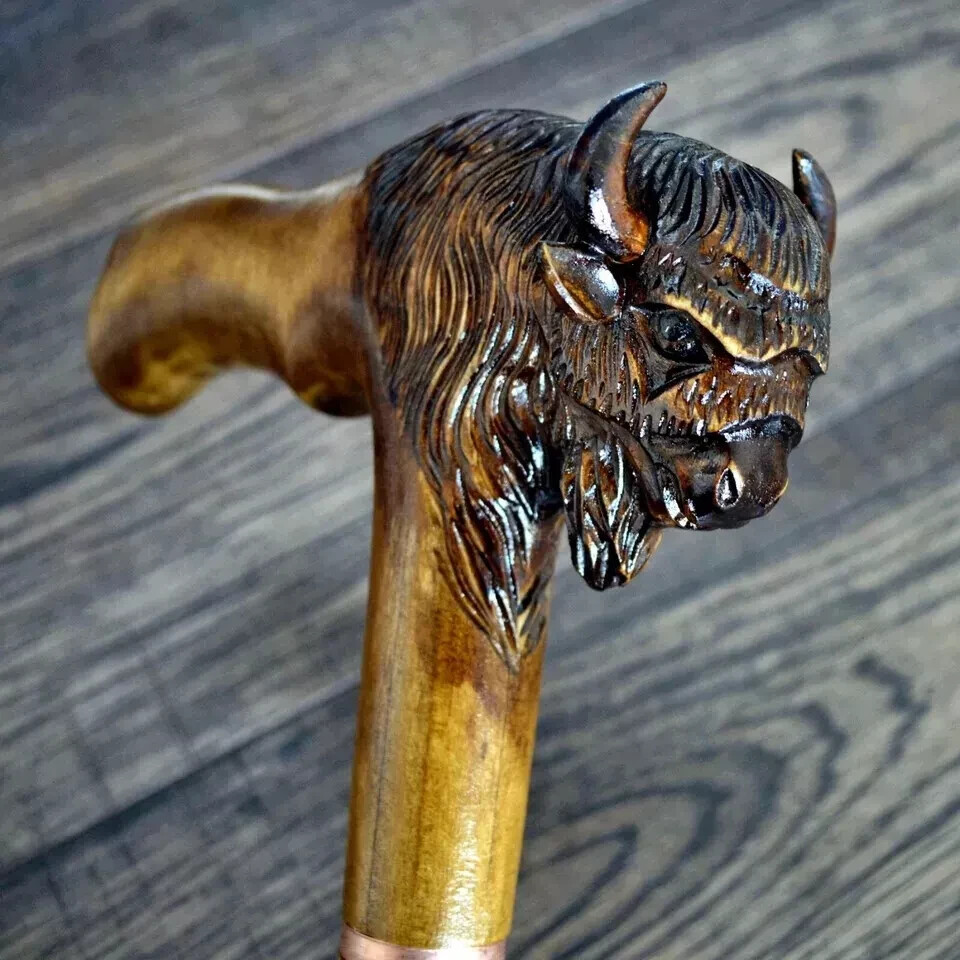 Walking Stick Cane Wooden Walking Cane Handmade Hand Carving Bison ...