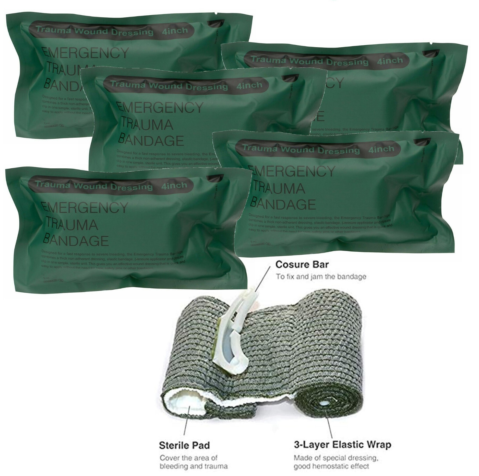 5 PACK 4" Trauma Bandage Emergency Israeli Style Battle Wound Dressing ...