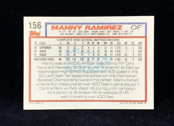 1992 Topps #156 MANNY RAMIREZ ROOKIE Major League DRAFT PICK Baseball ...