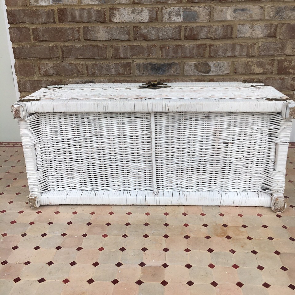 White Rattan Wicker Chest W/ Etched Brass Accents Box Boho Vintage ...