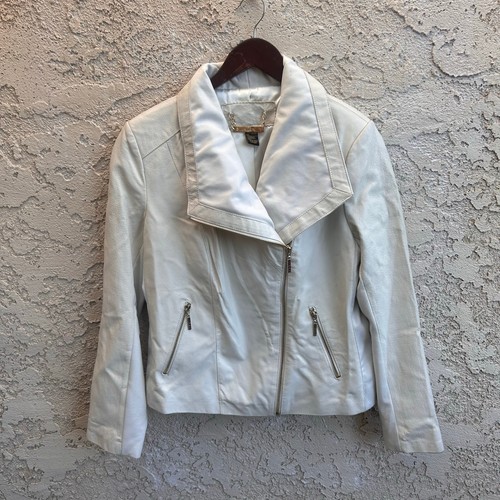 Iman Cream Leather Moto Jacket Size Womens Medium | eBay