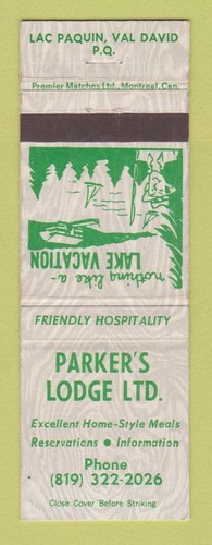 Matchbook Cover - Parker's Lodge Lac Paquin Val David QC PQ WEAR | eBay