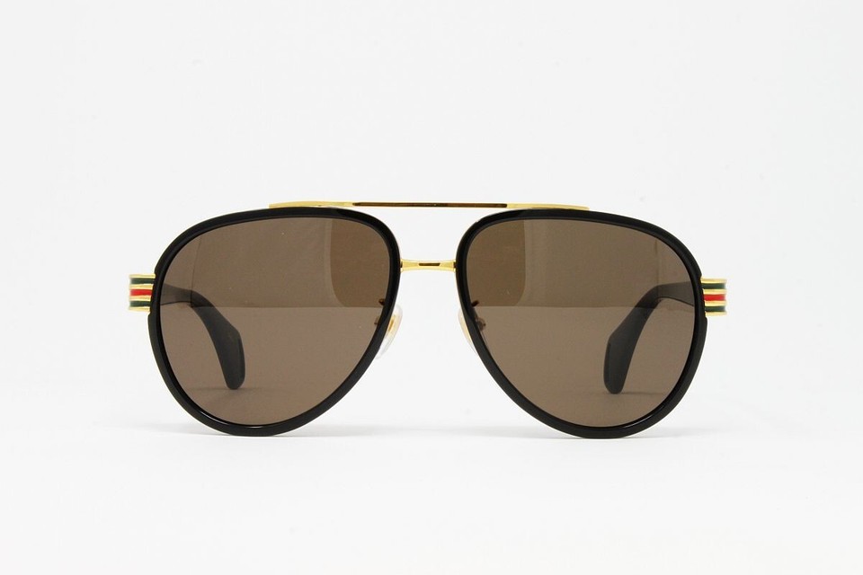 Gucci Men's Aviator Sunglasses GG0447S-003 Black Gold 58mm Brown Lens ...