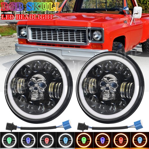 2pc 7 inch LED Headlights Skull DRL RGB Round Lights For Chevy C10 ...