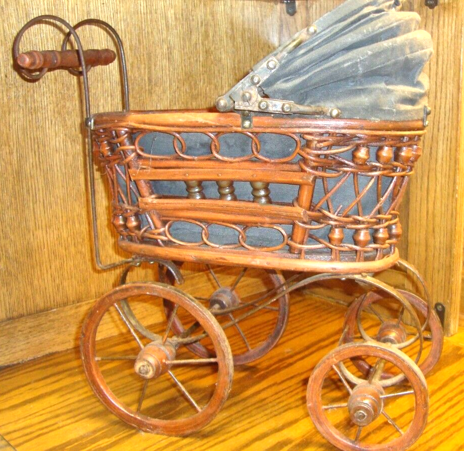 Vtg Antique Victorian Doll +Wrought Iron/Wicker Carriage Buggy Stroller ...