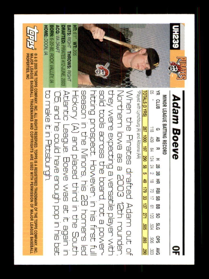 2005 Baseball Topps U&H Adam Boeve Pittsburgh Pirates #UH239 FY RC | eBay