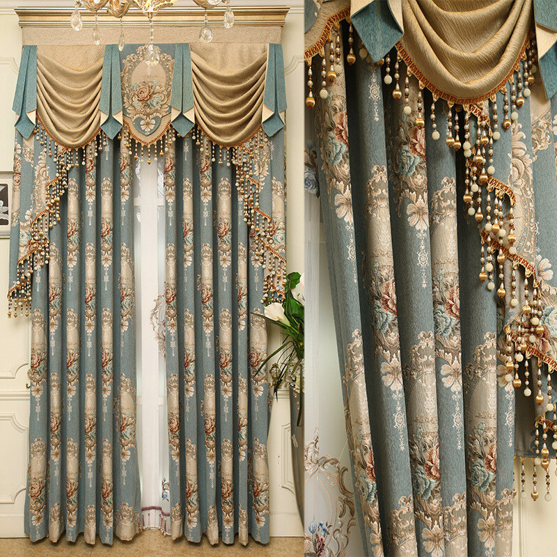 European bedroom Chenille jacquard blue cloth curtain tulle valance ...