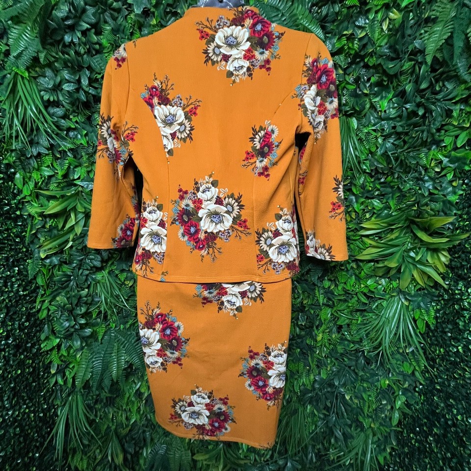 Miss & Missy Skirt Suit Women XL Mustard Orange Floral Stretch Jacket Skirt 1451 | eBay