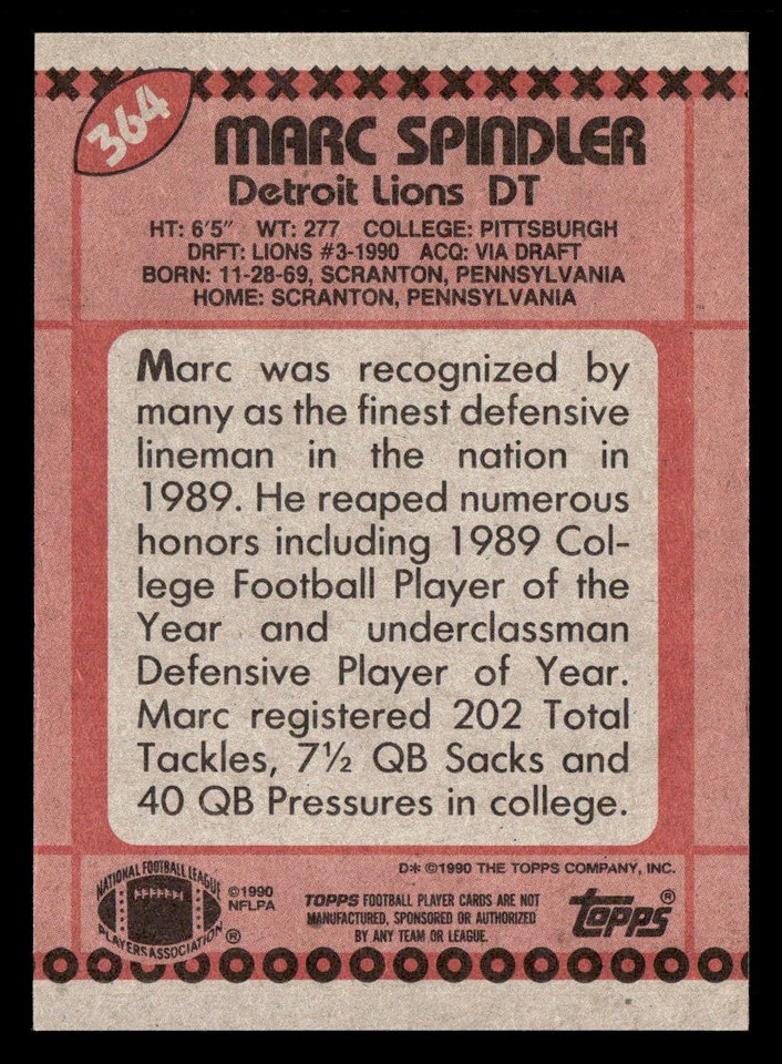 Marc Spindler 1990 Topps Rookie Card #364 Detroit Lions | eBay