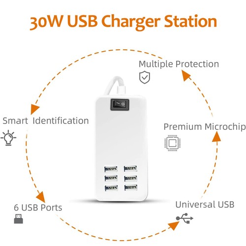 6 Port USB Hub Fast Wall Charger Station Multi-Function Desktop AC ...