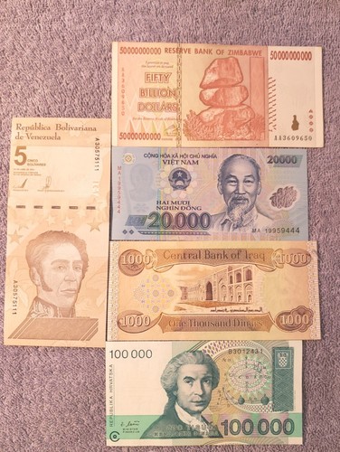 50 Billion Zimbabwe+20K Dong+1K Iraq Dinar+5 million Venezuela+100K ...