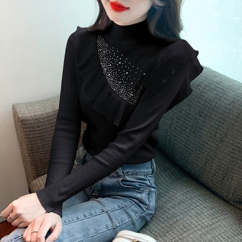 Womens Ruffles Knitted Sweater Half High Neck Rhinestones Slim Fit Tops ...