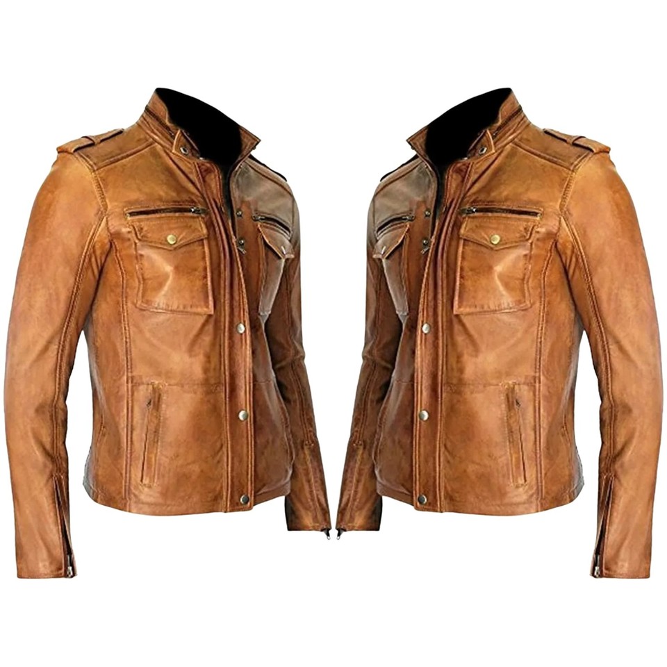 Men’s Real Leather Biker Jacket Tan Vintage Motorcycle Slim Fit Rider ...