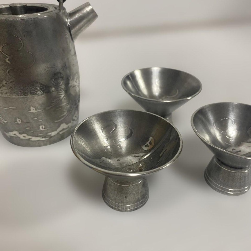 Satsuma Tin Sake Set 3 Cups & Tokkuri Iwakiri Sakurajima Kagoshima ...