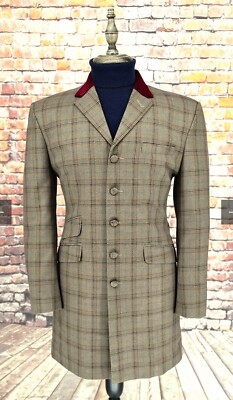 Mod Retro Skinhead 3/4 Overcoat 4 Button Taupe Check Burgundy Velvet ...