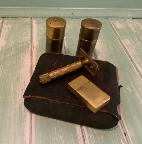 Gillette Antique Razor in Original Leather Travel Case 100 yr old Gold ...