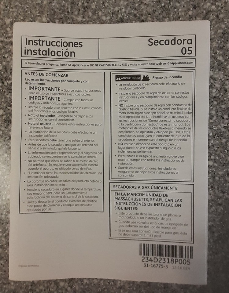GE Dryer Owner's Manual & Installation Instruction Booklet GTD42GASJ2WW ...
