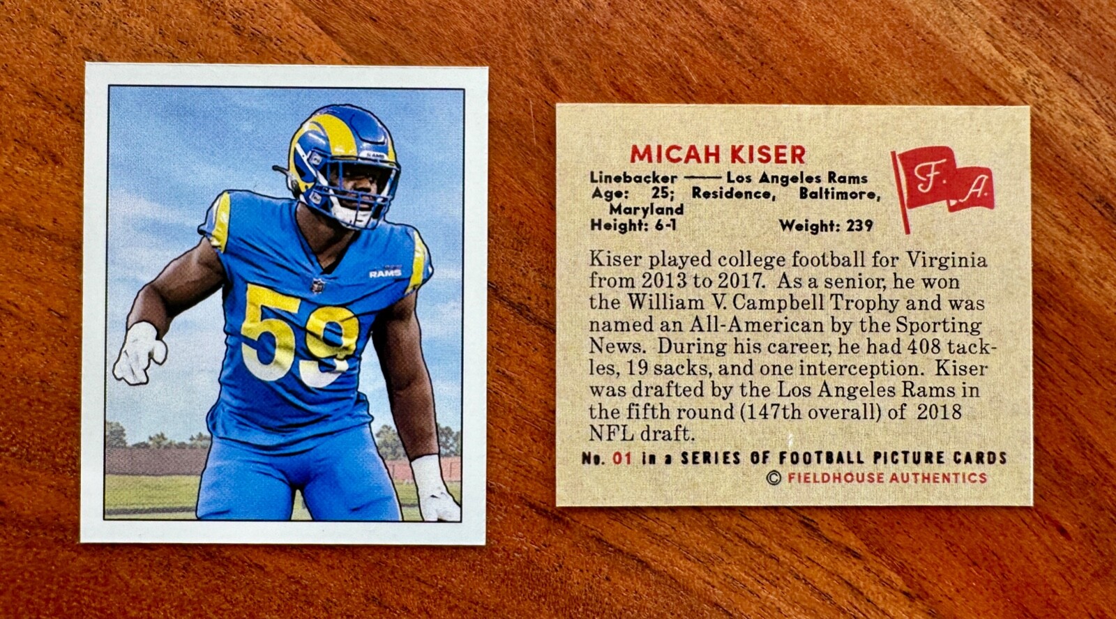 MICAH KISER Custom Art Football Card 1950 Bowman Design Rams Virginia ...