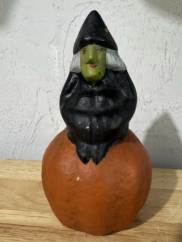 Halloween Seasons Gone By Paper Mache Pulp Green Witch On Pumpkin Folk ...
