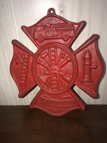 Cast Iron Red Fireman Firefighter Wall Decor Emblem Logo Plaque Maltese ...