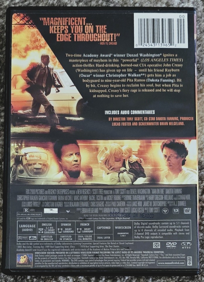 Man on Fire (DVD 2004, Widescreen) Denzel Washington, DAKOTA FANNING, W ...