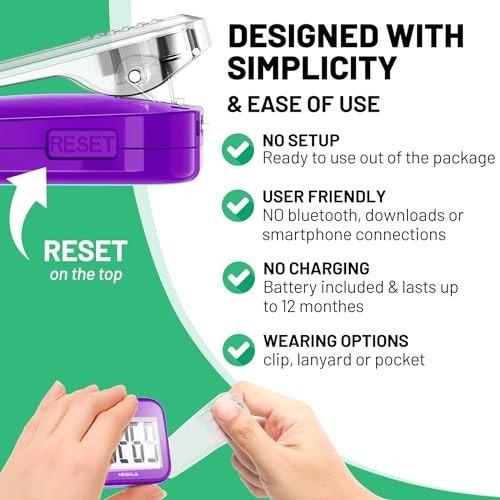 3D Pedometer for Walking, Simple Step Counter with Large Digital Purple ...