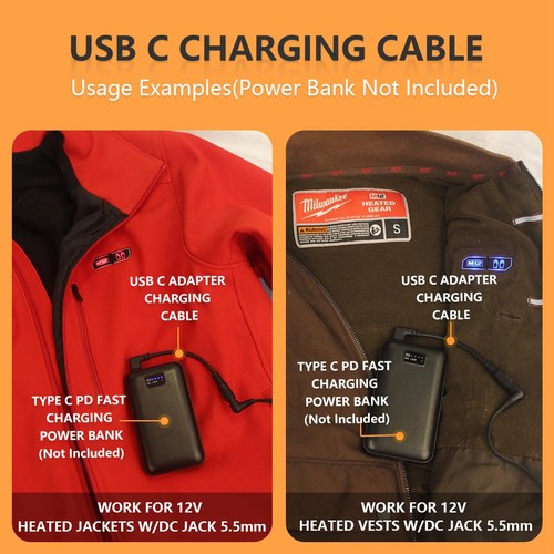 Heated Jacket Adapter Charger Type C Voltage Step Up DC Plug Cable for ...