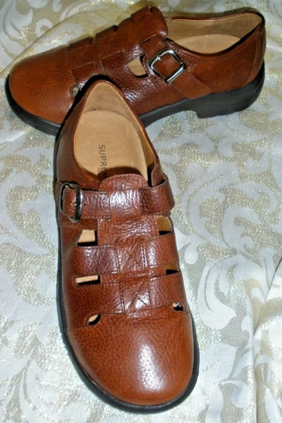 SOFTSPOTS SUPREME BROWN LEATHER CHUNKY COMFORT MARY JANES SLIDES ...