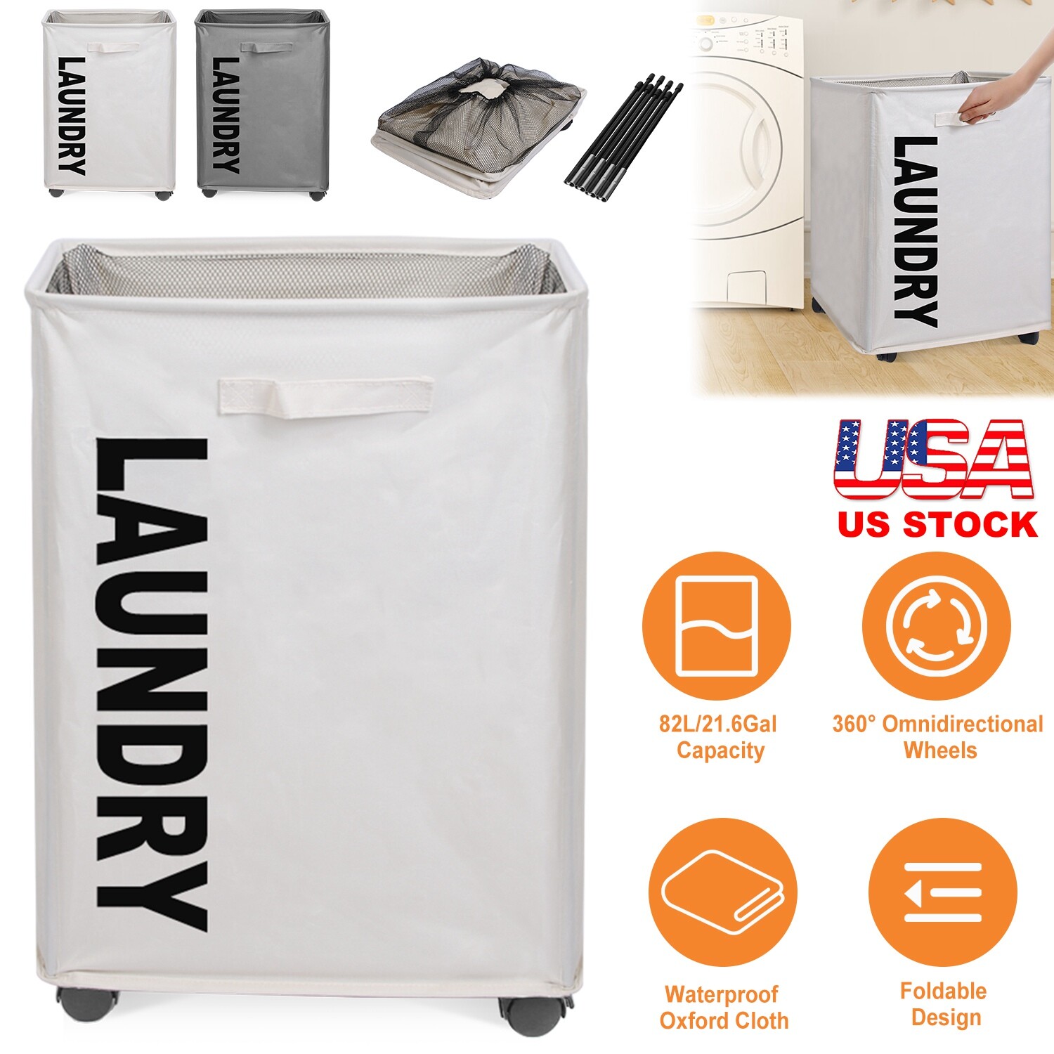 82L Rolling Laundry Basket Wheels Foldable Collapsible Clothes Hamper ...